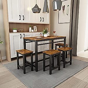 AWQM 5 Pcs Dining Table Set, Modern Bar Table Set with 4 Chairs, Home Kitchen Breakfast Table and Chairs Set Ideal for Pub, Living Room, Breakfast Nook, Easy to Assemble (Rustic Brown)