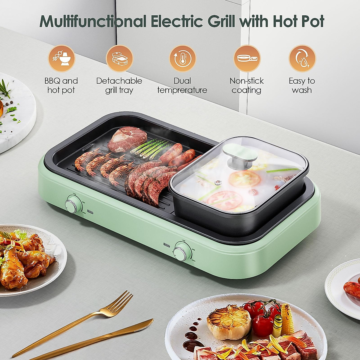 Electric Hot Pot with Grill, 2 In 1 Multi-function Barbecue Shabu Hot Pot, Independent Dual Temperature Control, Detachable Smokeless Non-Stick Shabu Korean BBQ Grill, Easy Cleaning