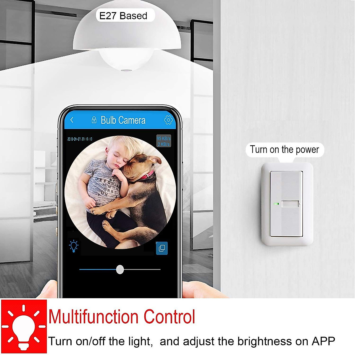 Full HD 1080P Light Bulb Camera,FISH-EYE LENS 360° Wireless Security IP Panoramic Camera, 2.4GHz WiFi Dome Surveillance Cameras, IR Motion Detection, Night Vision, Alarm for Office/Baby/Pet Monitor