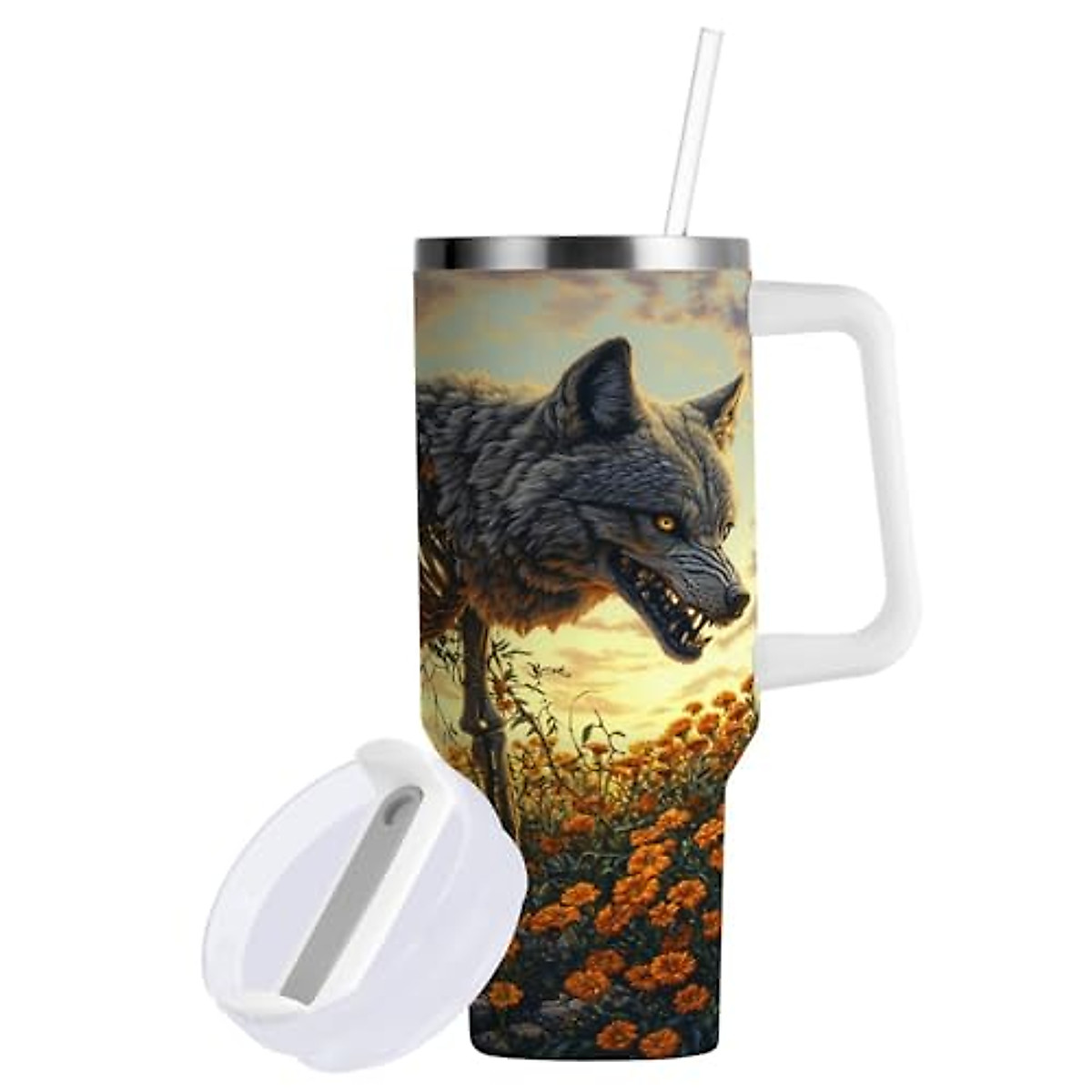Slewiaeky Tumbler with Handle 40 oz Gothic Skull Cool Wolf Travel Mug with Lid and Straw Stainless Steel Vacuum Insulated Water Bottle Cup for Iced Tea Coffee Cold Beverages Cup Holder Friendly