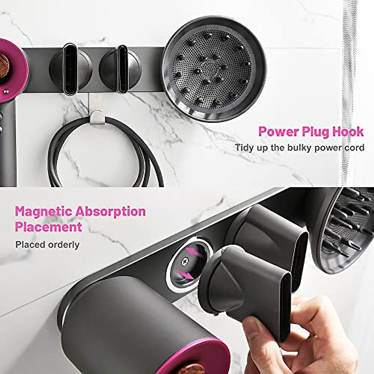 Wall Mount Hair Dryer Holder for Dyson Supersonic, Support Drilling or No-Drilling Installation Method, Magnetic Bracket Stand Storage Rack Organizer for Dyson Supersonic Hair Dryer, Diffuser, Nozzle