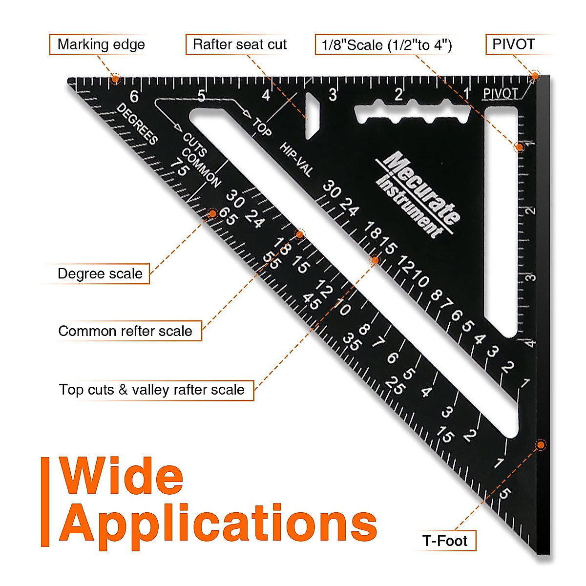 Mecurate Rafter Square, 7 inch Triangle Carpenter Square Die-cast Aluminum Alloy for Woodworking and Carpentry (7 inch)