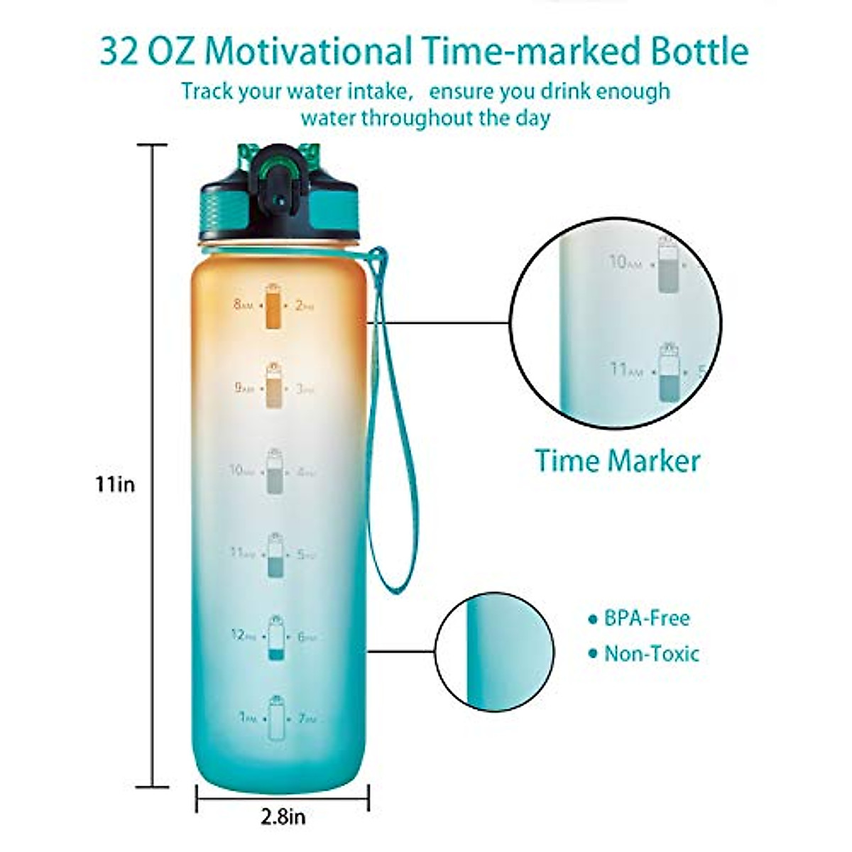EYQ 32 oz Water Bottle with Time Marker, Carry Strap, Leak-Proof Tritan BPA-Free, Ensure You Drink Enough Water for Fitness, Gym, Camping, Outdoor Sports (Orange/Green Gradient)