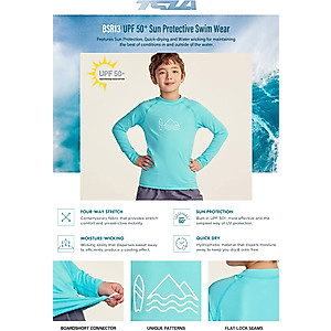 TSLA Boys UPF 50+ Rash Guard Long Sleeve, UV Sun Proctection Water Swim Shirts, Surf Swimwear Swimsuit Top, Vacation Aqua, 14
