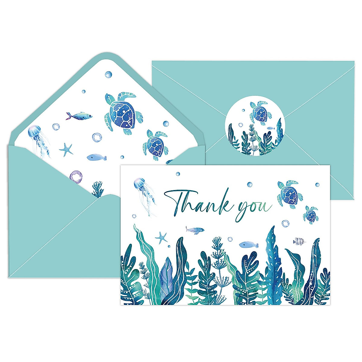 JarThenaAMCS 24 Set Under the Sea Thank You Cards with Envelopes and Stickers Blue Seaweed Sea Turtles Fish Greeting Cards for Birthday Wedding Baby Shower, 4 x 6 Inch