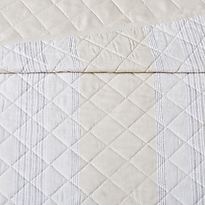 Cottage Classics 3-Piece 100% Cotton Face Quilt and Sham Set Farmhouse Style Textured Horizontal Stripe, Full/Queen, Tan