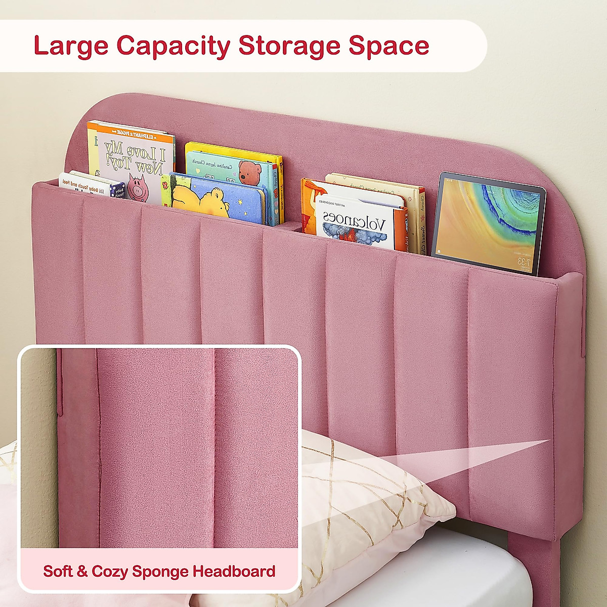 IDEALHOUSE Twin Bed Frames, Upholstered Platform Bed Frame with Bookcase Headboard, Velvet Platform Bed Mattress Foundation, Heavy Duty Steel Support Legs, Easy Assembly, Noise Free, Dark Pink