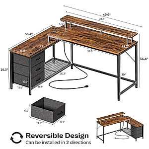 Huuger Reversible L Shaped Computer Desk with Drawers, Gaming Desk with LED Lights and Power Outlets, Office Desk with Storage, Corner Desk with Monitor Stand, for Home & Office, Rustic Brown