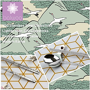 BALWOO Chopsticks [Made in Korea][5 Sets] 430 Premium Stainless Steel Chopsticks, Chopsticks Flatware, Mukbang Kitchen Utensil, Cutlery Silverware Stainless Tableware Metal Chopsticks (Crane)