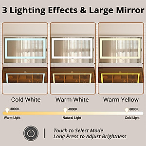 LIKIMIO 3 in 1 Vanity Desk with Plip Top Mirror, LED Light & Power Outlet Small Make Up Vanity Set with Visible Glass Desktop, Compact Makeup Vanity with 3 Drawers, Dressing Table for Bedroom, White