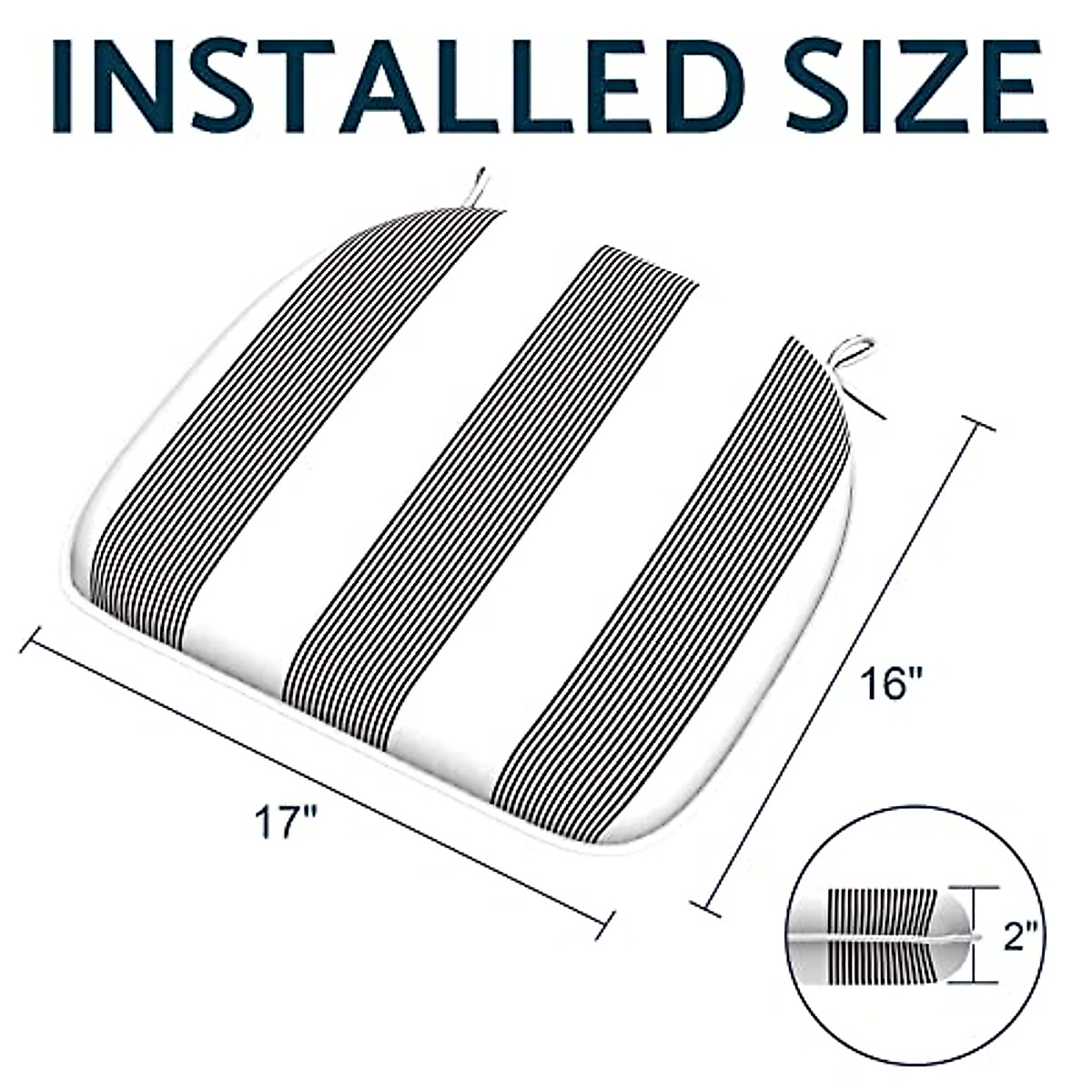 TWLEAR Indoor/Outdoor Chair Cushions 16x17 Inch, Patio Chair Cushions with Ties, All Weather Seat Cushions for Patio Furniture Home Garden Chair Use, Set of 4, Stripe Cabana Black