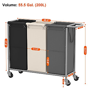 Heybly Laundry Basket,3 x 18.5 Gal Laundry Separator Hamper with Heavy Duty Rolling Wheels,Laundry Divider Sorter with Removable Bags for Dirty Clothes Storage, 40.2 x 15.4 x 33.1 Inches HLH022P03