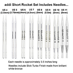 addi Click Rocket Lace Short 3.5-Inch Interchangeable Circular Knitting Needle Set Sizes US 4, 5, 6, 7, 8, 9, 10 and 11 with 5 Blue Cords, Brown Canvas Case with Project Bag