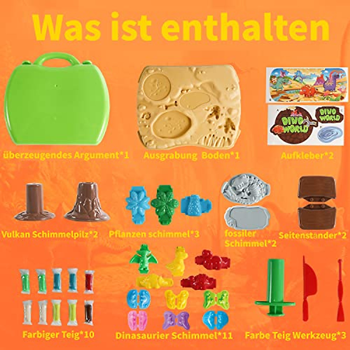 VConejo 2 in 1 Dinosaur Color Dough Toys, 37 Pieces Dino Theme Color Dough Tools and molds Accessories with Volcano and Fossils for Boys and Girls