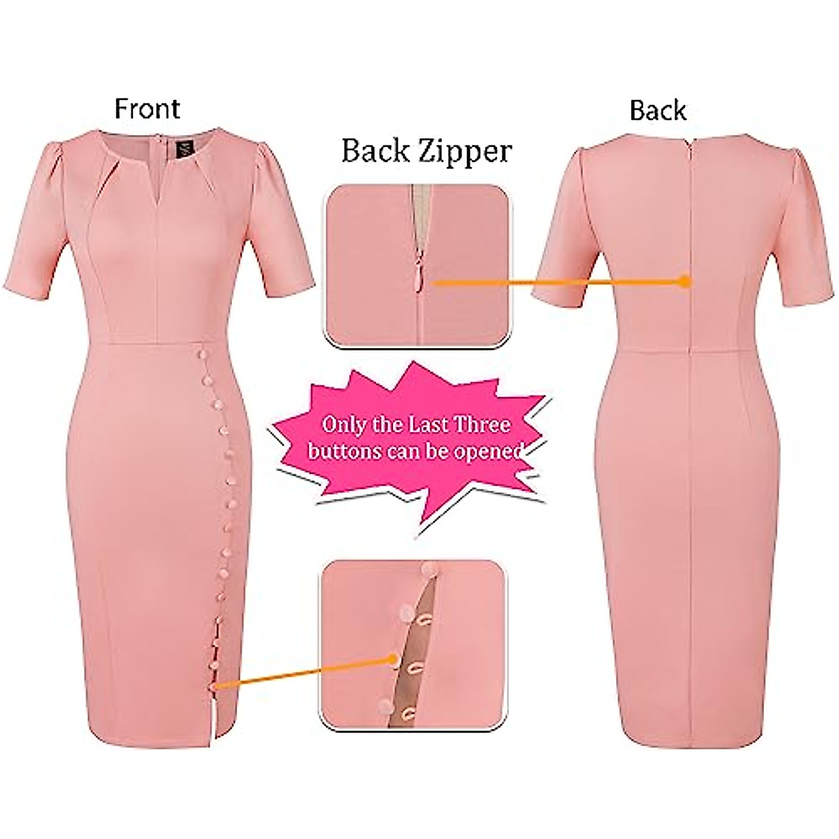 VFSHOW Womens Wear to Work Buttons Slit Pleated Notch V Neck Flattering Business Party Office Church Slim Bodycon Pencil Sheath Midi Dress (Peach Pink, X-Large) 10246 PIK XL