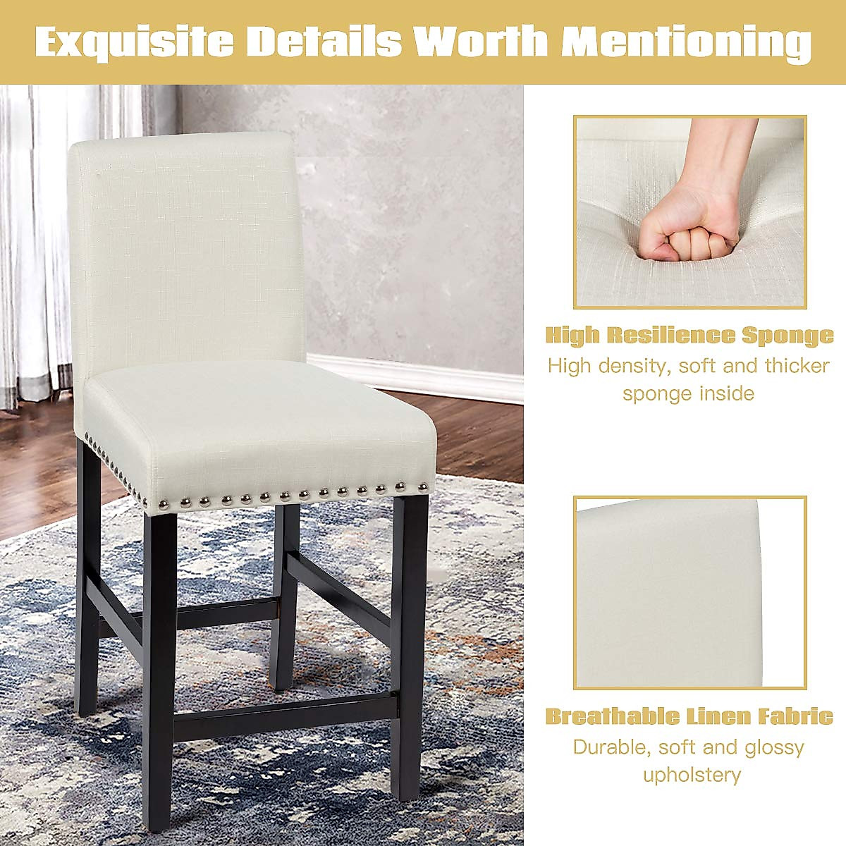 COSTWAY Bar Stools Set of 4, Upholstered Counter Stools w/Rubber Wood Legs, Breathable Linen Fabric, High Resilience Sponge, Comfortable Backrest, Padded Seat, for Kitchen Dining Room (Beige, 4)