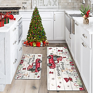 VSIWB Christmas Kitchen Rugs Sets of 2 Rustic Anti Fatigue Kitchen Mats for Floor Red Truck Wood Grain Kitchen Rugs and Mats Non Slip Cushioned Floor Carpet for Winter Holiday Xmas Home Decor