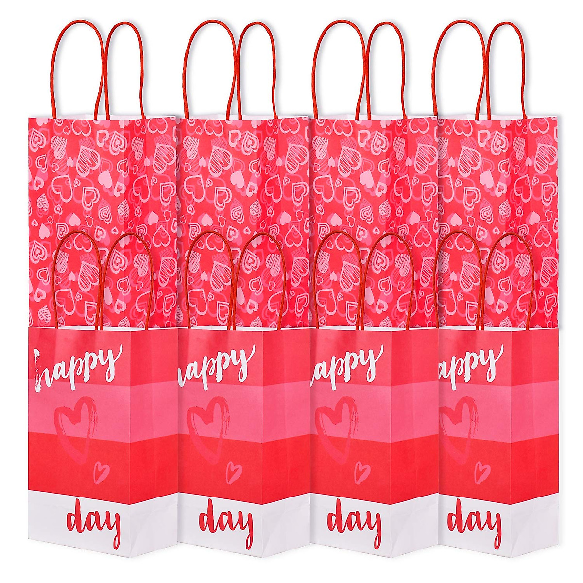 Gatherfun Hot Pink Heart Love Kraft Paper Gift Bags with handles for Valentine's Day, Weddings, Engagements, Anniversaries, Bridal Showers, Birthday Party 2 Designs, 24 Pack, 5.5X3.2X9inch