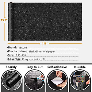 VEELIKE Black Glitter Wallpaper 15.7''x118'' Peel and Stick Sparkly Glitter Black Contact Paper Decorative Self Adhesive Removable Glitter Fabric Wall Paper Roll for Bedroom Wall Decor Cabinets