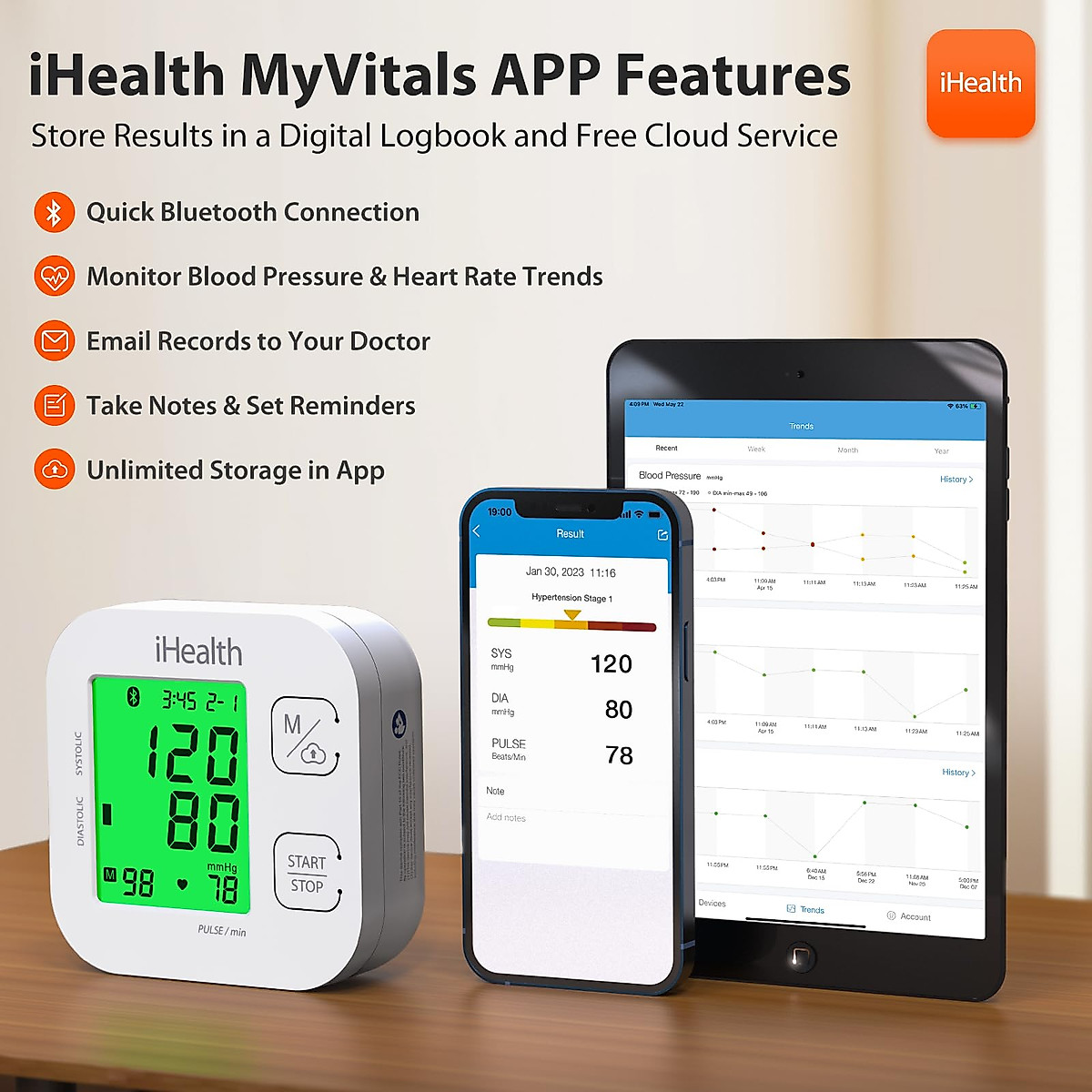 iHealth Track Smart Upper Arm Blood Pressure Monitor with Wide Range Cuff That fits Standard to Large Adult Arms, Bluetooth Compatible for iOS & Android Devices