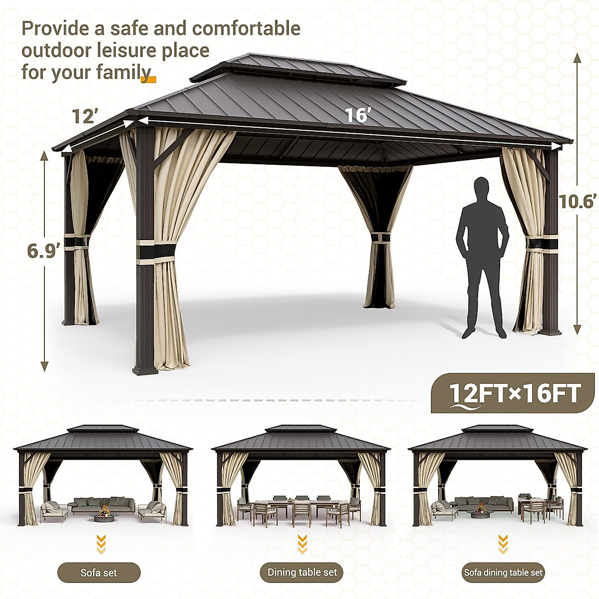 UDPATIO 12' x 16' Hardtop Gazebo, Outdoor Aluminum Gazebo with Galvanized Steel Double Roof, Permanent Metal Canopy with Curtains and Netting for Patio, Garden, Lawn, Backyard, Deck, Beige