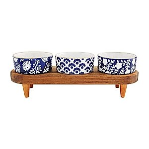 Mud Pie Indigo Dip Bowl Wood Foot Board, Blue, bowl 2" x 4" dia | stand 5" x 16"