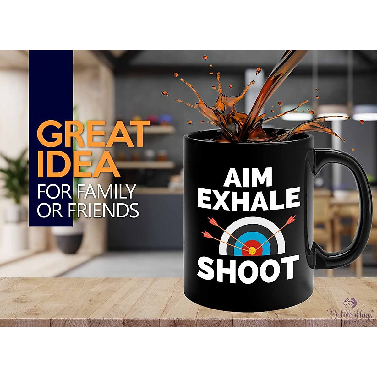 Bubble Hugs Archery Coffee Mug 11oz Black - Aim Exhale shoot - Archery Trainer Bowfishing Deer Shooting Target Shot