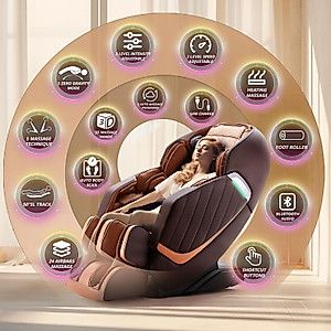 HealthRelife Massage Chair Zero Gravity, Full Body Recliner with Heat Air Pressure SL Track Airbags, Shiatsu Foot Roller Massage Thai-Stretch Bluetooth Speaker, Brown