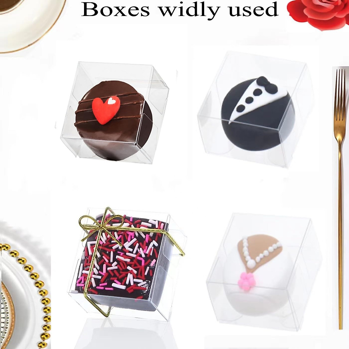 RomanticBaking 100pcs 2.17" × 2.17" × 1.38" Inch Chocolate Covered Mini Cookies Boxes Strawberry Macaron Boxes Clear Bakery Boxes for Gumballs, Pretzel,Browine,Malt Balls,Wedding Favors Party Boxes