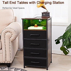 LOAKEKEL Night Stand Set 2, Tall Nightstand with Charging Station, Dresser for Bedroom with 4 Drawers, LED End Tables with USB Ports and Outlets, Bedside Table with Storage Bins, Brown, HNS034BR