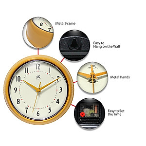 Infinity Instruments LTD. Retro 9 inch Silent Sweep Non-Ticking Mid Century Modern Kitchen Diner Wall Clock Quartz Movement Retro Wall Clock Decorative (Saffron Yellow)…