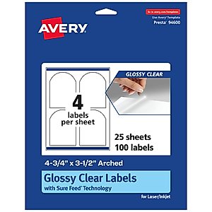 Avery Glossy Clear Arched Labels with Sure Feed, 4.75" x 3.5", 100 Glossy Clear Labels, Print-to-The-Edge, Laser/Inkjet Printable Labels