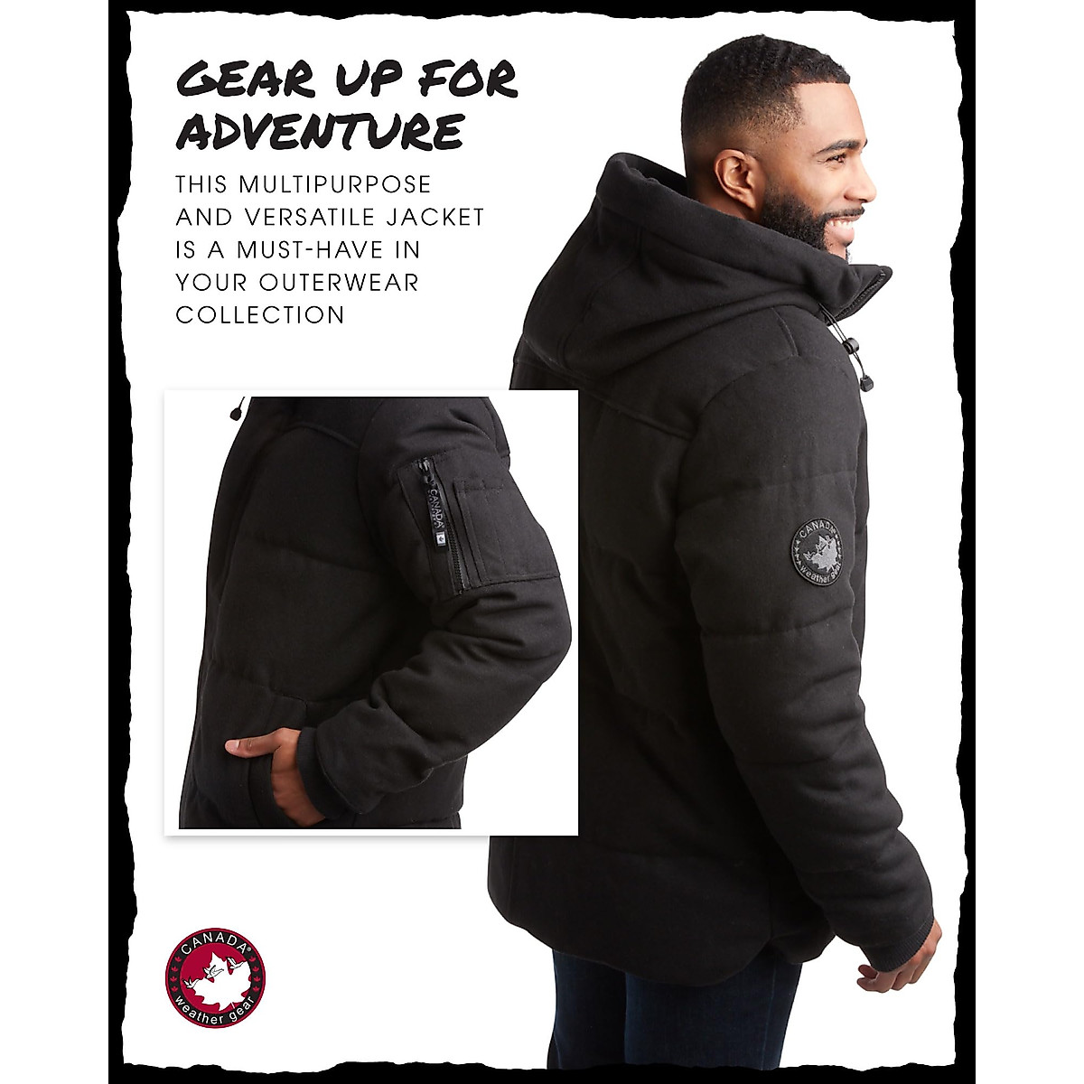 CANADA WEATHER GEAR Men's Wool Puffer Jacket Coat - Heavyweight Quilted Insulated Outerwear Parka (M-XXL), Size Large, Black