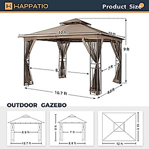 HAPPATIO 10' X 12' Patio Gazebo with Ventilation Double Roof，Outdoor Gazebo with Mosquito Netting for Lawn, Garden (Light Brown)