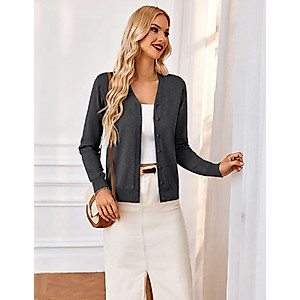 GRACE KARIN V Neck Knit Cardigan Sweaters for Women Plus Size Long Sleeve Tops Lightweight Casual Black Grey L