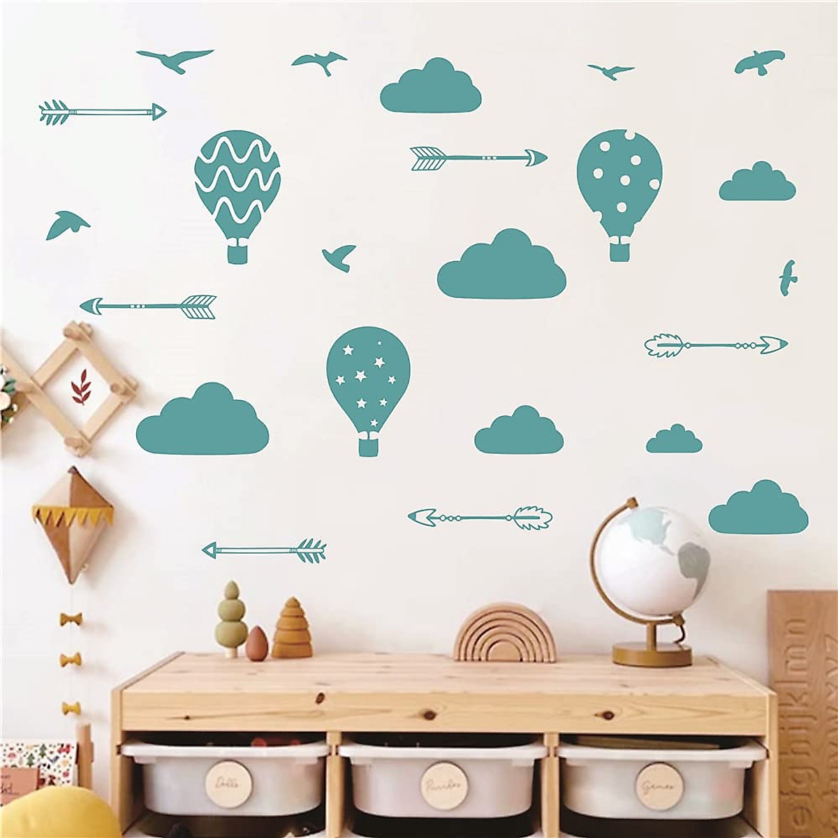 UILMNIY DIY Nursery Room Clouds and Air Ballon Wall Decal Removable Arrows Birds Airballon Wall Decor Sticker for Baby Bedroom Vinyl Kids Room Fashio Designed Wallpaper Stickers AFN19 (Teal Green)