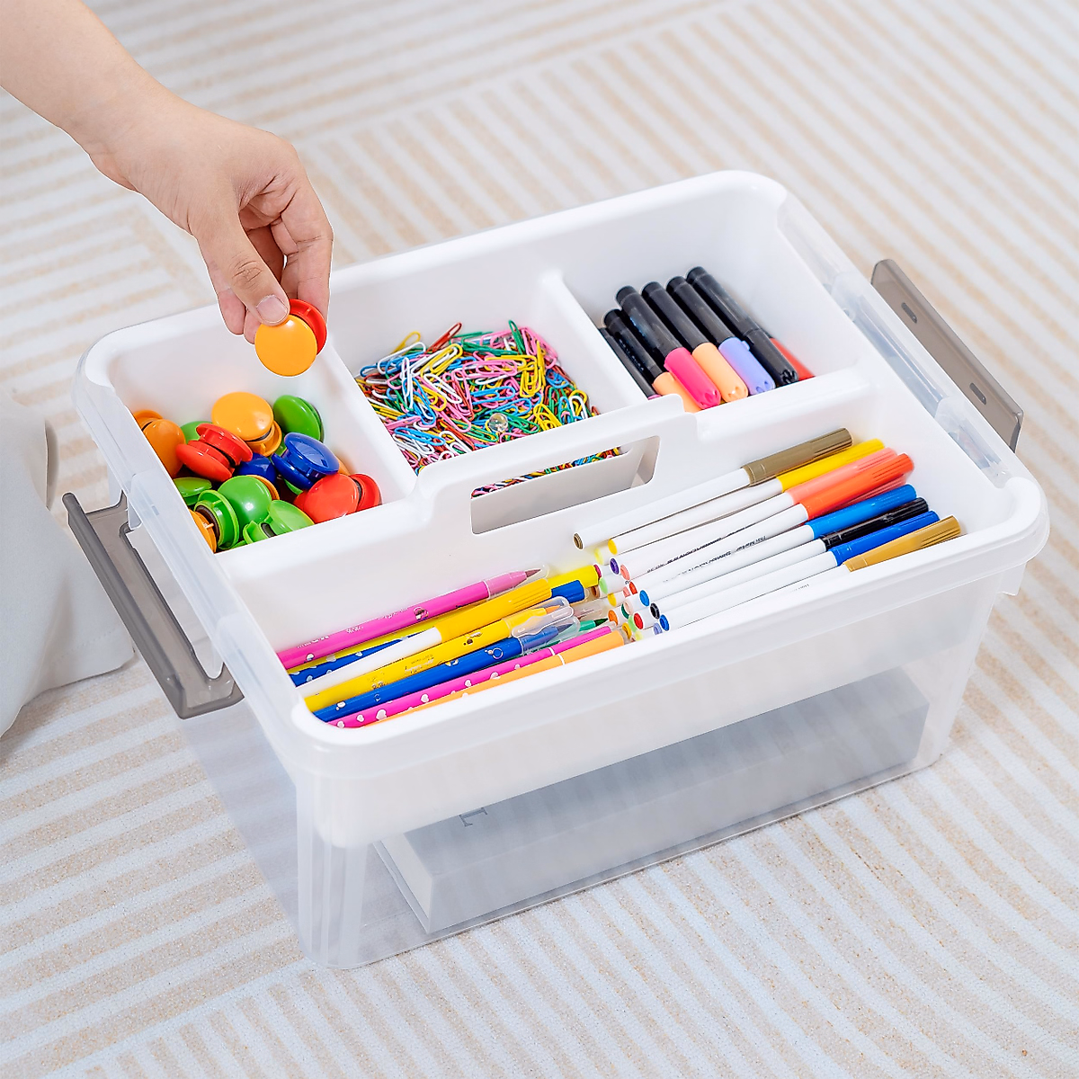 Bienvoun 17 QT Plastic Storage Box with Handle Removable Tray Craft Organizers and Storage Container Stackable Clear Storage for Bead,Crayon,Tool,Sewing,Playdoh