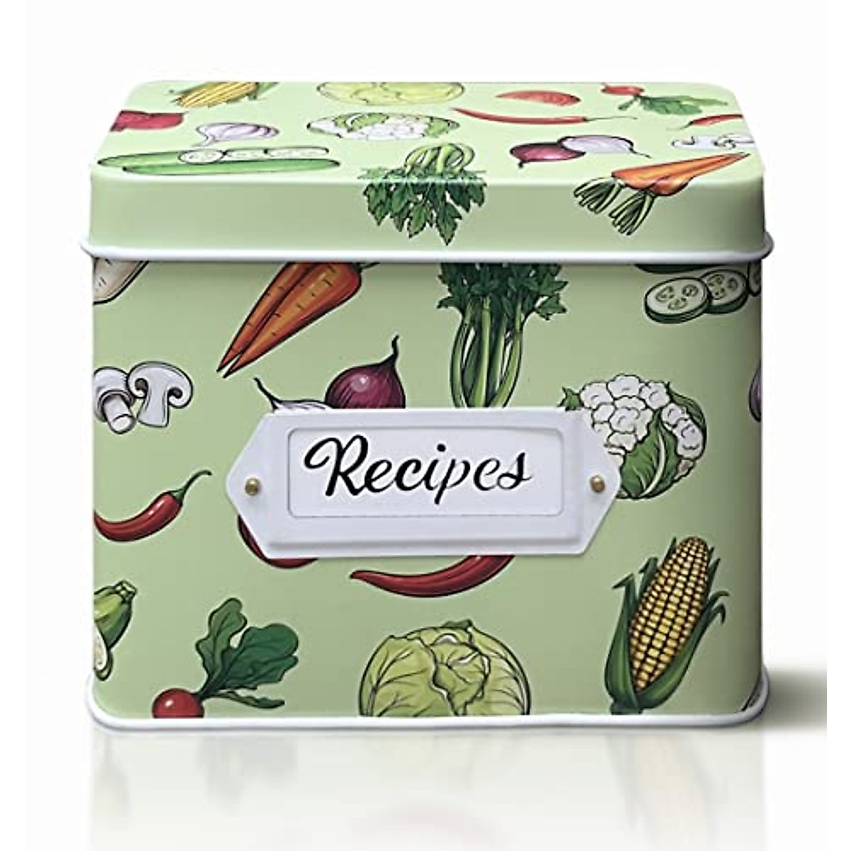 Complete Kitchen Recipe Box Set with 36 Cards, 12 Dividers & Wooden Card Holder | Recipe Card Organizer, Decorative Metal Recipe Tin Set for 4x6 Cards