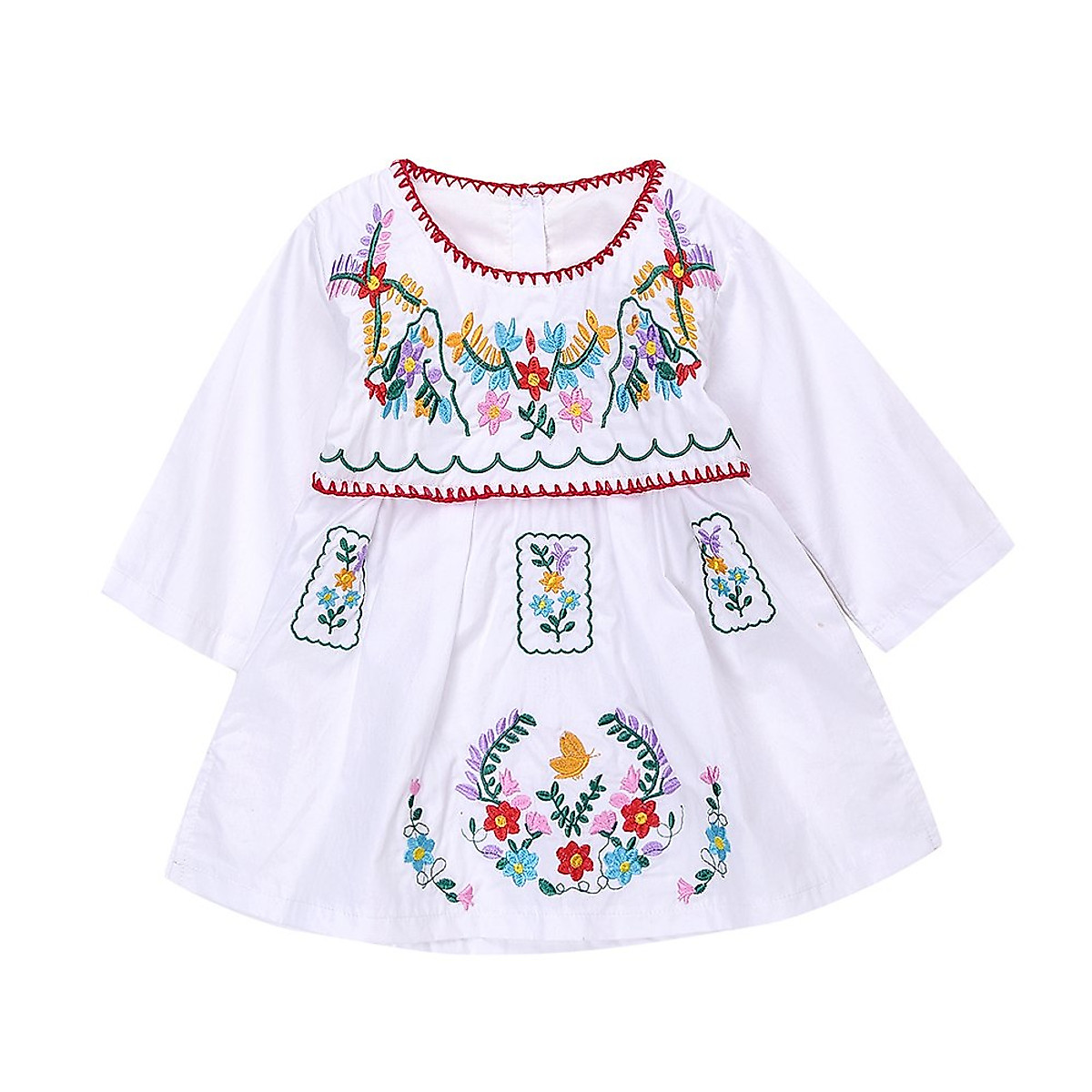 Kashoer Newborn Toddler Baby Girls Ethnic Embroidery Floral Dress Long Sleeve Party Sundress Skirt (6-12Months, White)