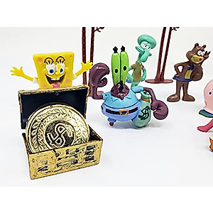 Birthday Celebrations Spongebob Squarepants 2" Figure Play Set of 14 Featuring Squidward, Sandy Cheeks, Patrick Star, Mr. Krabs, Plankten with Palm Trees, Treasure Chest and More (Unique Design)
