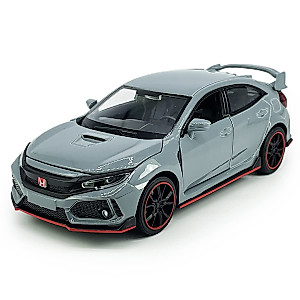 Civic Type R Toy Car Hatchback Sports Diecast Model Car 1/32 Scale Metal Pull Back Vehicles, Doors Open Light Sound, Toys for Boys Kids Birthday Gifts Mens Collection, Cement Grey