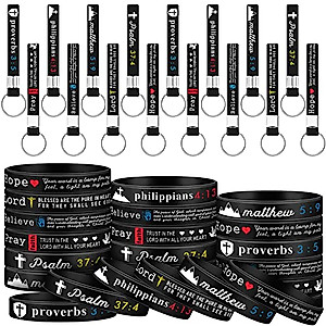 48 Pcs Christian Bible Keychains with Scripture Bracelets Religious Silicone Bible Verses Wristbands Christian Faith Gifts for Men Women Belief Party Favors (Black)