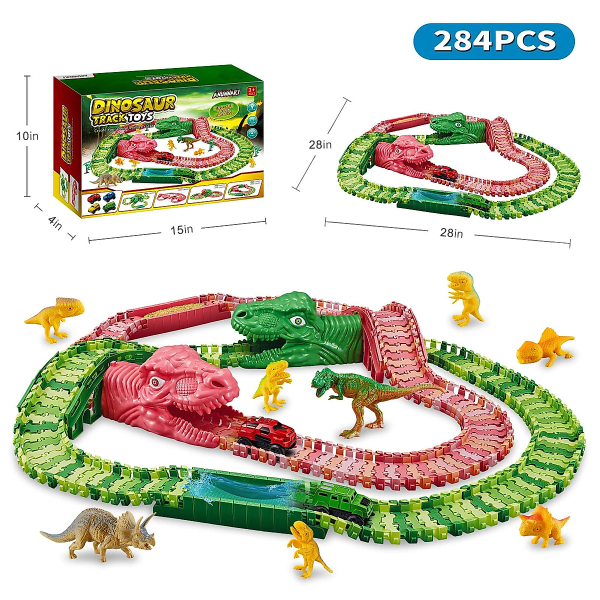 Dinosaur Toys for Kids Green and Pink Double Dinosaur Tracks Race Car Create Flexible Tracks Dinosaue World Playset 284 pcs for Gifts