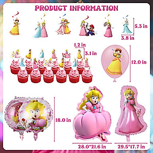 Princess Peach Birthday Party Supplies, Princess Peach Party Decorations, Princess Peach Party Favors Include Banners, Hanging Swirls, Balloons, Cake Decoration, Cupcake Toppers, Tablecloth