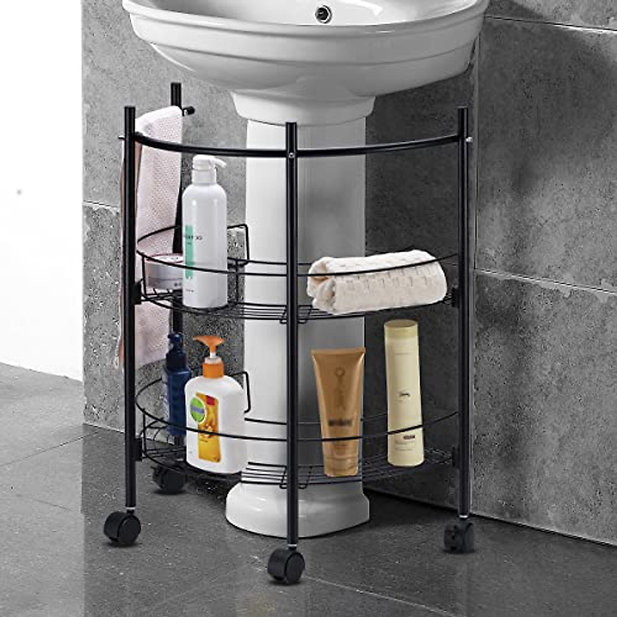 L&H Unico Pedestal Under the Sink Rack with 2 Storage Shelves Metal Bathroom Organizer with Wheels and Towel Holder, Black