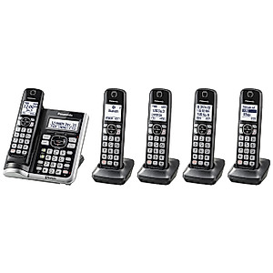 Panasonic Link2Cell Bluetooth Cordless Phone System - 5 Handsets - KX-TGF575S (Silver) & KX-TCA430 Comfort-Fit, Foldable Headset, Regular, Grey/Silver