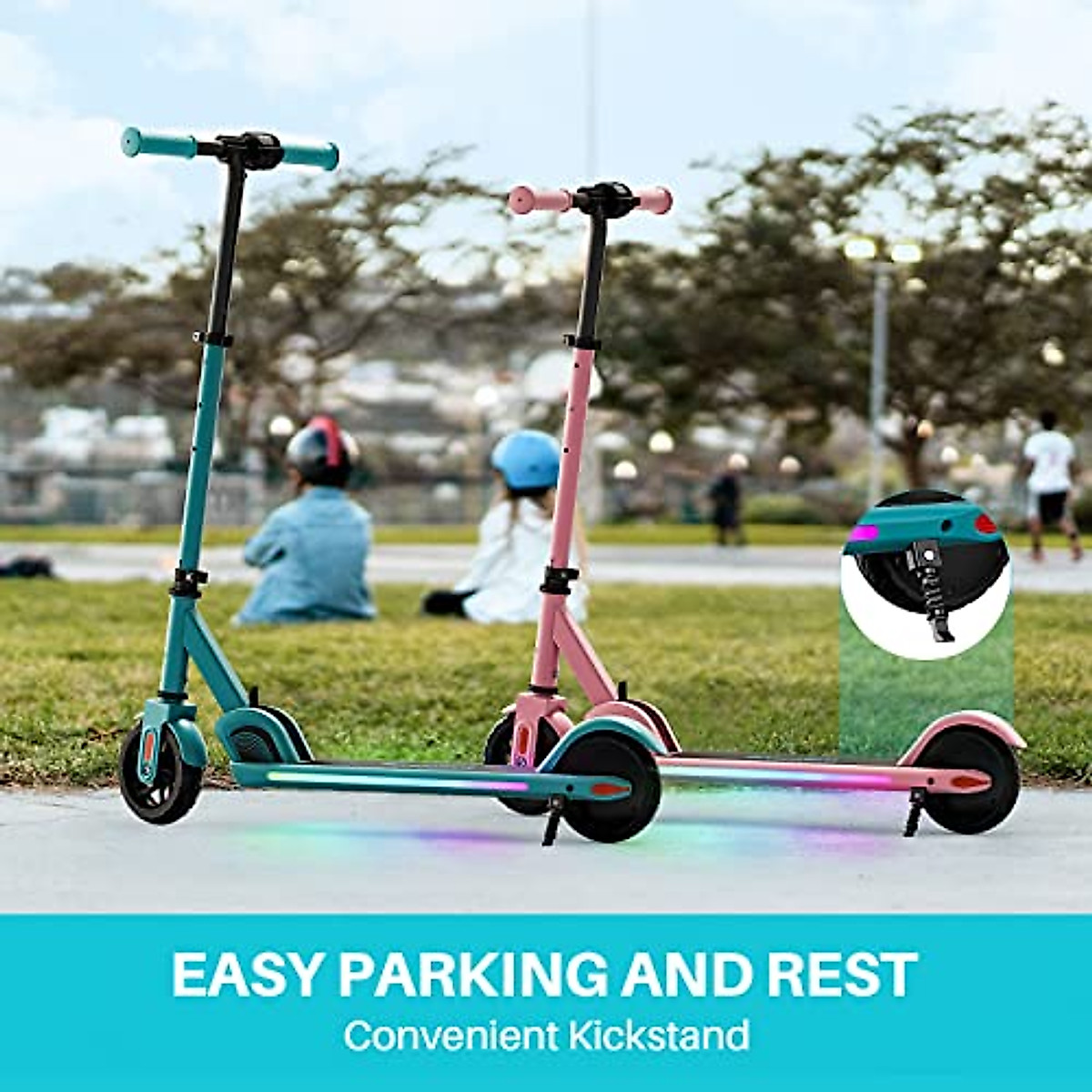 SmooSat PRO Electric Scooter for Kids, Colorful Rainbow Light, LED Display, Adjustable Speed and Height, Foldable, Ages 8 and Up, 2023 Model