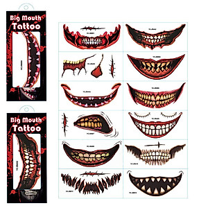Aaiffey 12PCS Halloween Clown Horror Mouth Tattoo Stickers,Halloween Temporary Tattoos Face Decals Prank Props for Halloween Cosplay Party Decorations