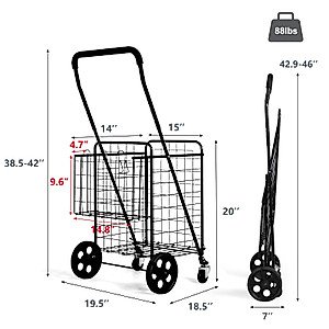 MARSTAR Folding Shopping Cart w/Rolling Swivel Wheels, Utility Cart for Groceries Laundry Transport Stair Climber, Double Basket, Adjustable Handle, Portable Grocery Cart, Light Weight, Save Space