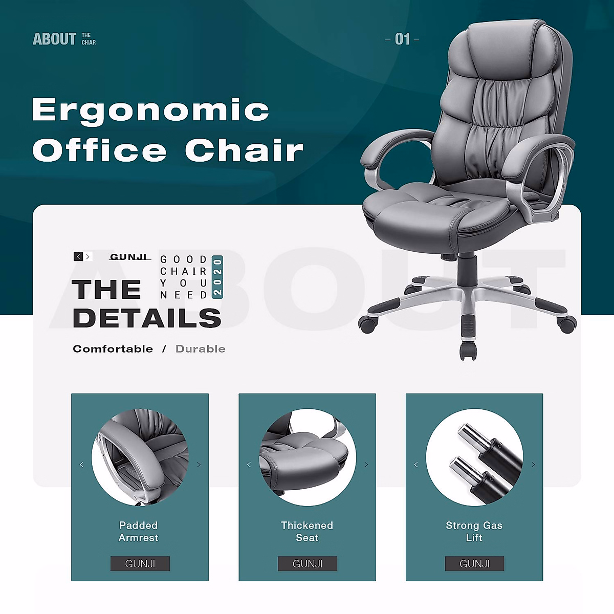 GUNJI Office Chair PU Leather High Back Executive Chair Ergonomic Computer Chair, Modern Adjustable Home Desk Chair Swivel Managerial Chair with Padded Armrests and Lumbar Support (Gray)